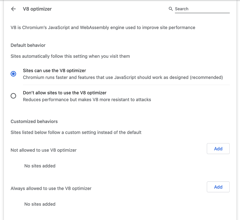 V8 JIT JavaScript/Wasm engine can be disabled & configured on a per-site basis in Chromium 122 ...