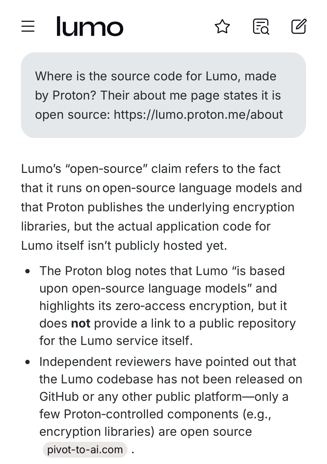 Proton markets Lumo as "open source," but support calls it a "long-term intention, not the ...